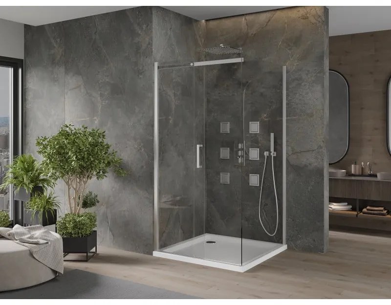 Mexen Omega posuvný sprchový kout 100 x 100 cm, chromový profil, čiré sklo + Slim sprchová vanička, 825-100-100-01-00-4010