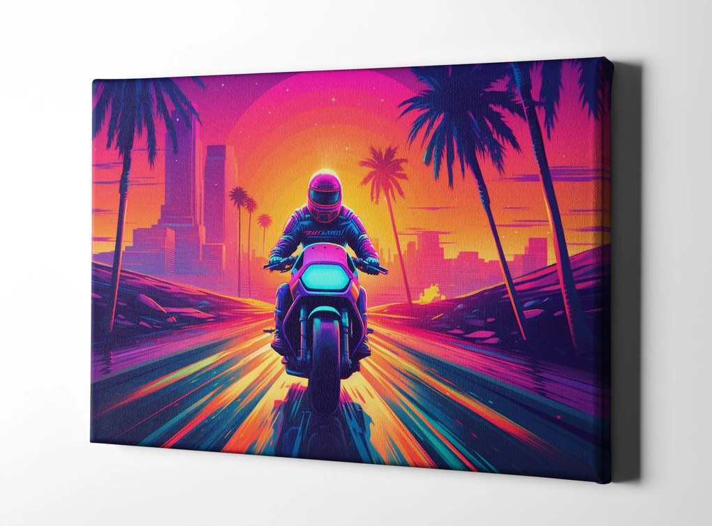 Obraz na plátně - Retrowave motorka s městem na pozadí FeelHappy.cz Velikost obrazu: 90 x 60 cm