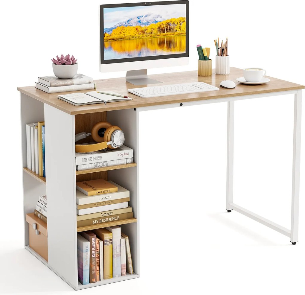 Costway 115 cm počítačový stůl moderní domácí s 5 úložnými přihrádkami natural