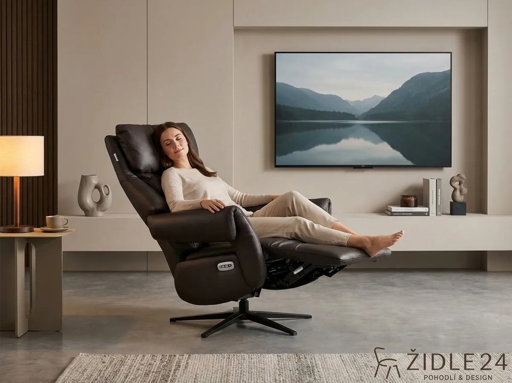 Elektrické polohovací TV křeslo VERIMO - hnědá kůže / funkce zero gravity