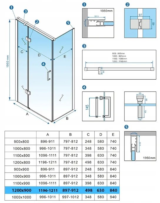 BPS-koupelny Obdélníkový sprchový kout HYD-OK03C 120x90 černá/transparent - bez vaničky
