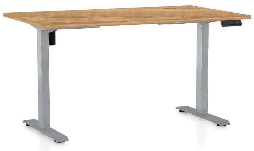 Výškově nastavitelný stůl OfficeTech B, 140 x 80 cm, šedá podnož, dub zlatý