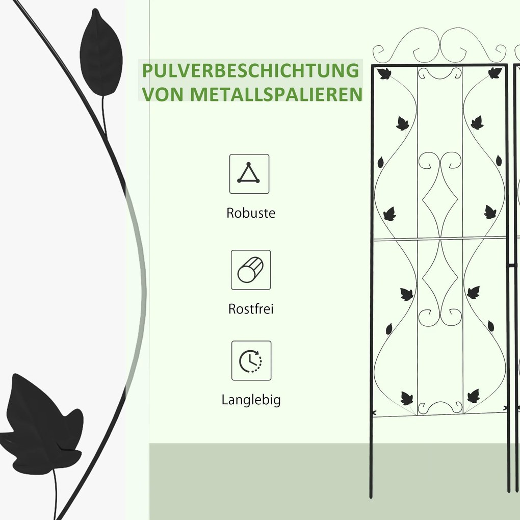 Outsunny ocelová mříž 2 ks, zapichovací odolná opora s listovým vzorem, 50 x 181 cm — černá