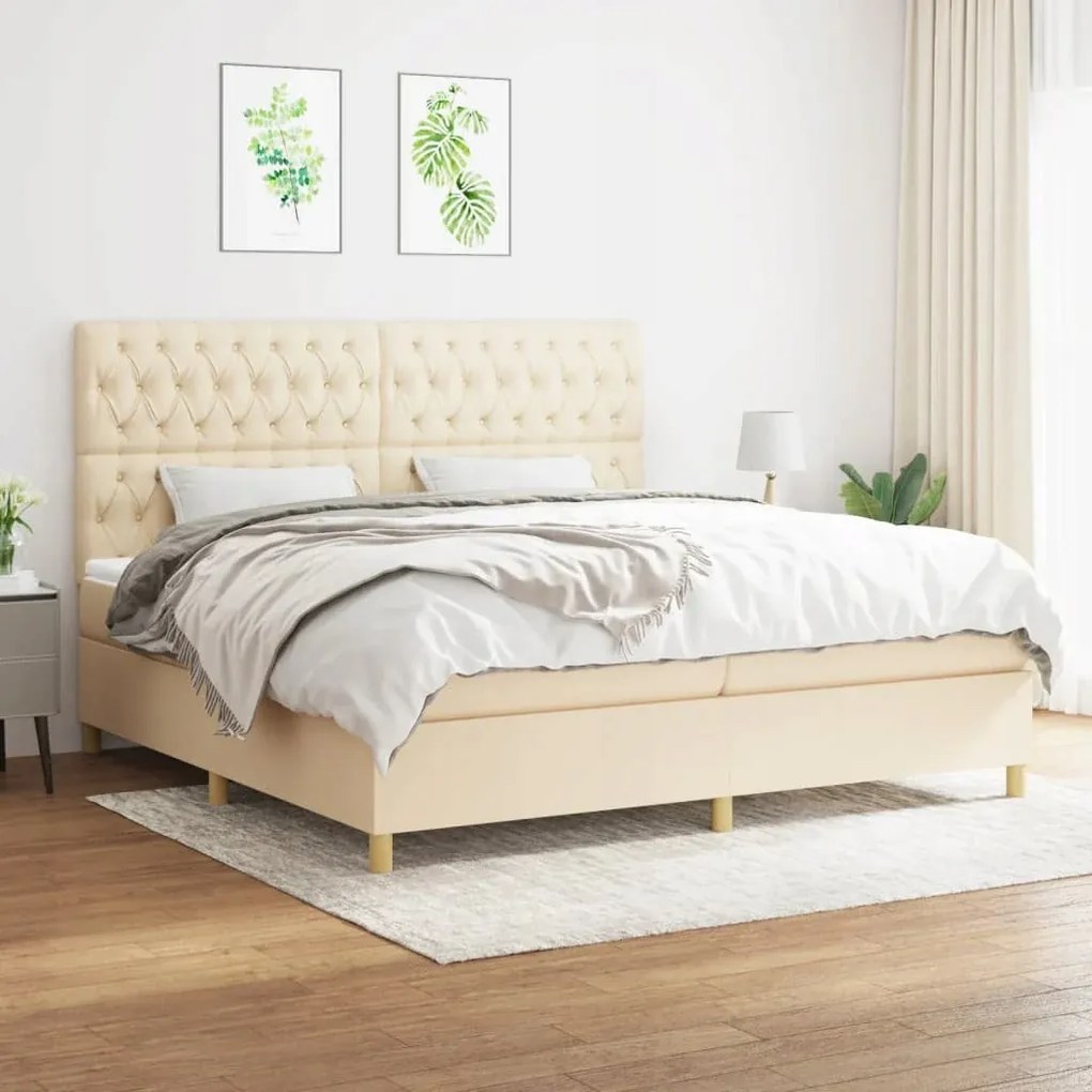 Box Spring Postel S Matrací Textil Krémová Prošívaný design 200 x 200 cm
