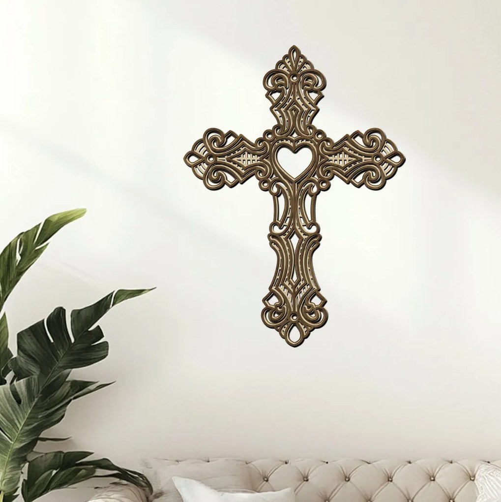 dřevo života Dřevěný vrstvený kříž srdce na zeď Zvolte rozměr (cm): 59x80, Zvolte barvu dekoru: Dub zlatý-Wenge