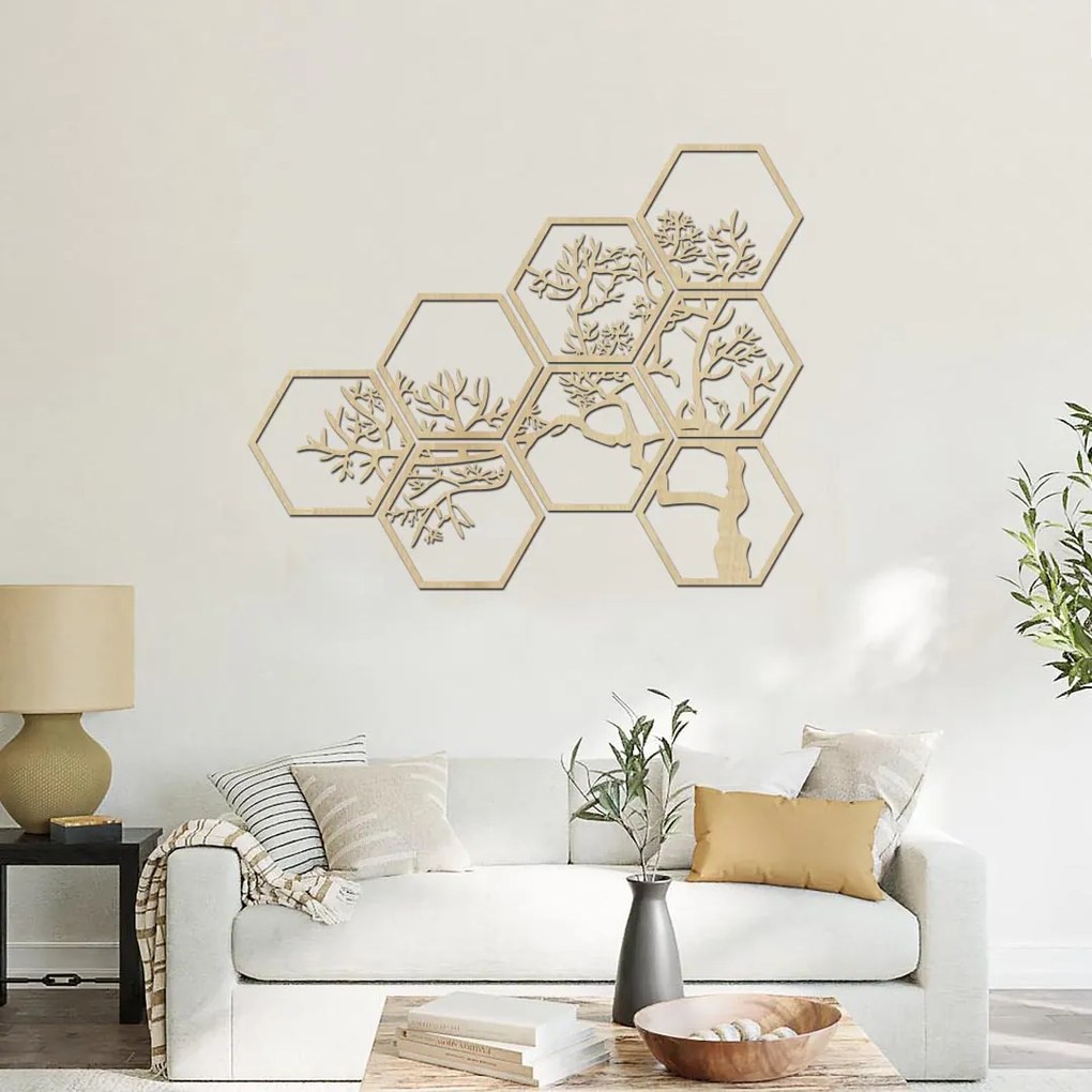 dřevo života Dřevěný strom na zeď HEXAGON Zvolte barvu dekoru: Javor, Rozměry šxv (cm): 60x48