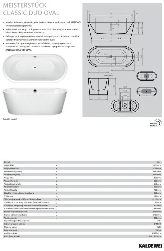 Kaldewei Meisterstück Classic Duo Oval - Volně stojící vana 180x80 cm, zvuková izolace, alpská bílá 202642680001