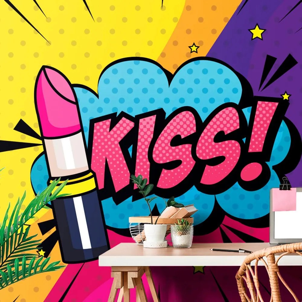 Samolepící tapeta pop art rtěnka - KISS!