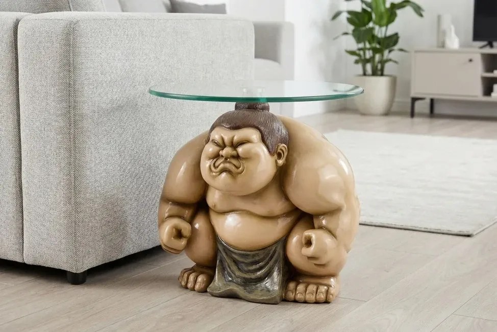Designový odkládací stolek Rikishi 32 cm – Sumo bojovník se sklem
