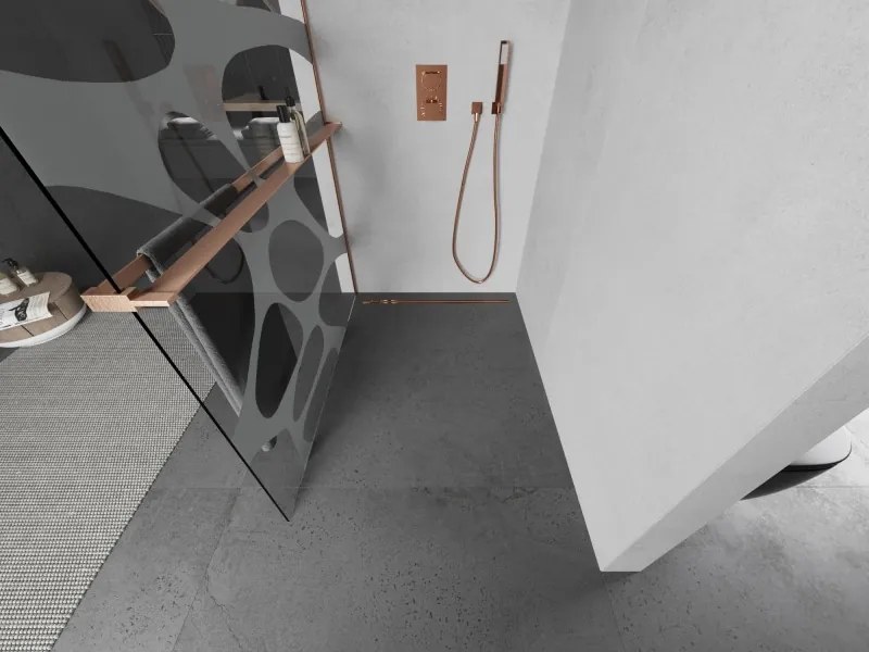 Mexen Kioto+ L, sprchová zástěna Walk-In s poličkou a věšákem 80 x 200 cm, 8mm čiré sklo bílý vzor, ​​měděný matný profil, 800-080-123-65-97