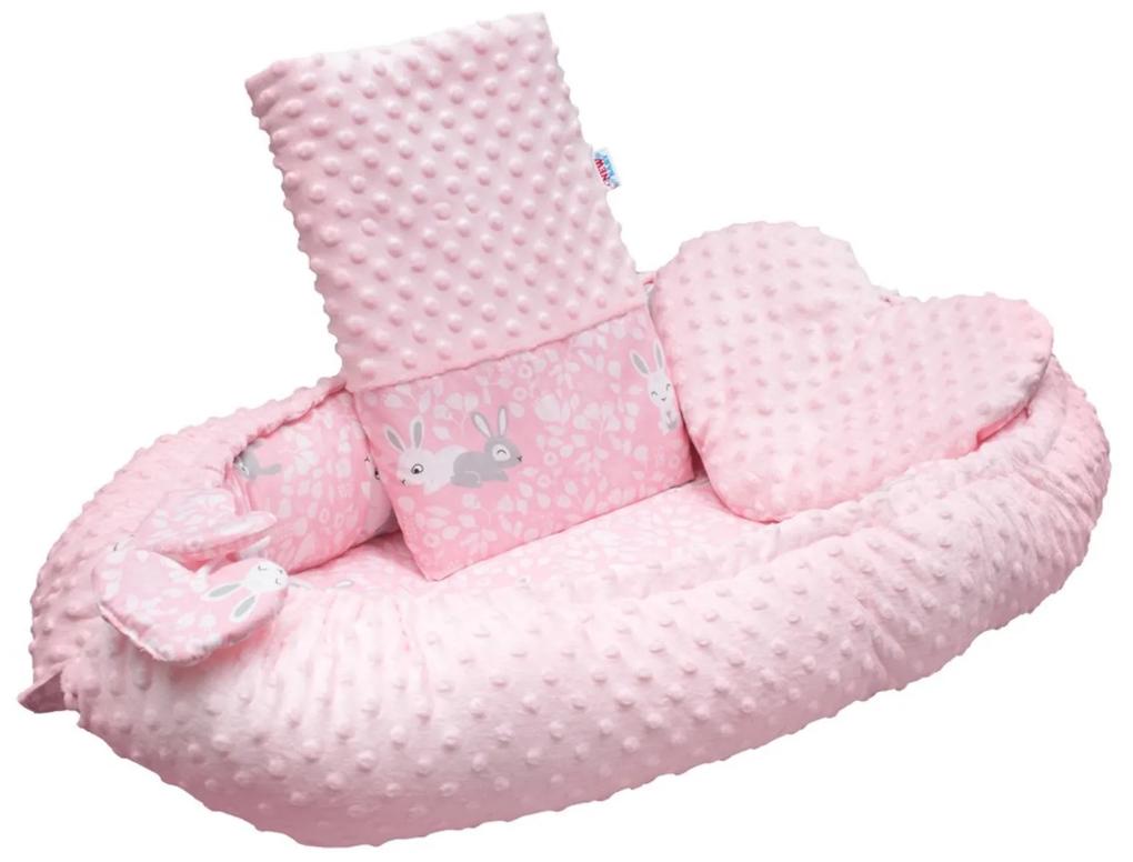 Luxusní hnízdečko s polštářkem a peřinkou New Baby z Minky Králíčci růžové