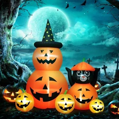 Outsunny Nafukovací Halloween dýně s kočkou, 6 stop, s LED světly, IP44 a nafukovač pro párty, 160x100x180 cm, oranžová