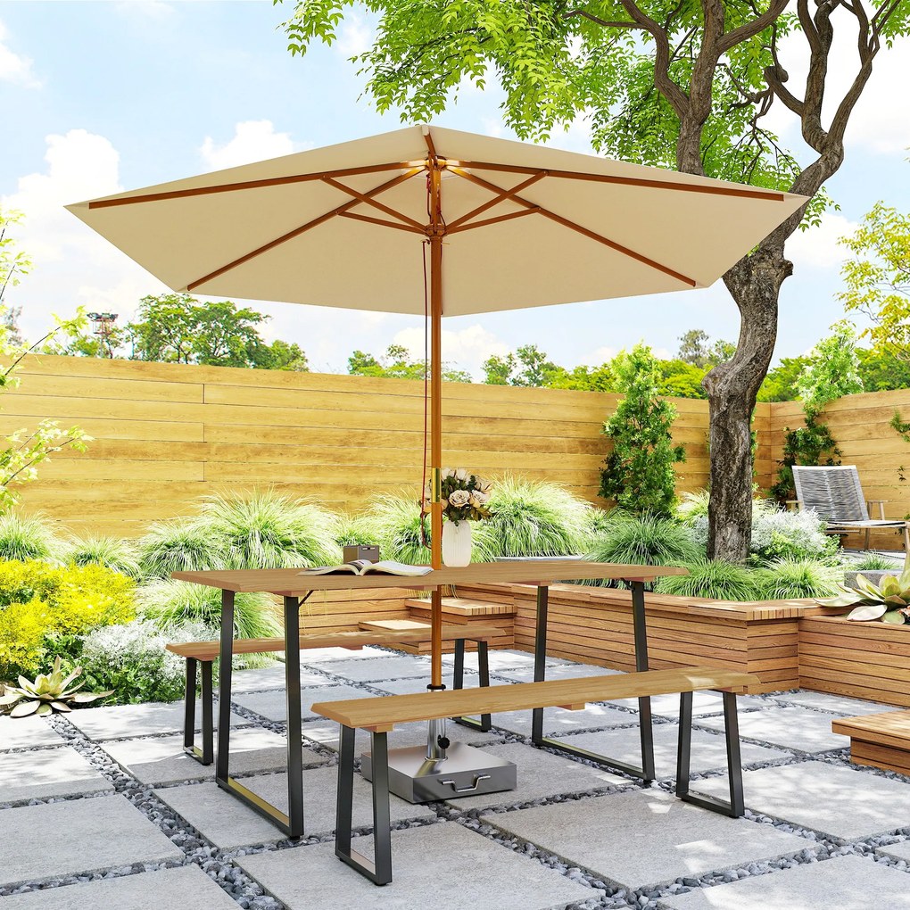 Outsunny Sedací souprava 3dílná dřevěná jídelní souprava pro 6 osob jídelní stůl se 2 lavicemi otvor na deštník dřevěný stůl 178 x 76 x 77 cm přírodn…