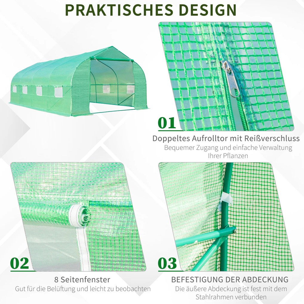 Outsunny skleník na rajčata se sedlovou střechou 600x300x200cm skleník ze zelené fólie pro zahradnictví a péči o rostliny