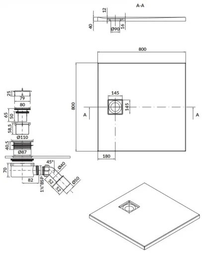 Cersanit Tako Slim, čtvercová sprchová vanička 80x80x4 cm + šedý sifon, šedá matná, S932-161