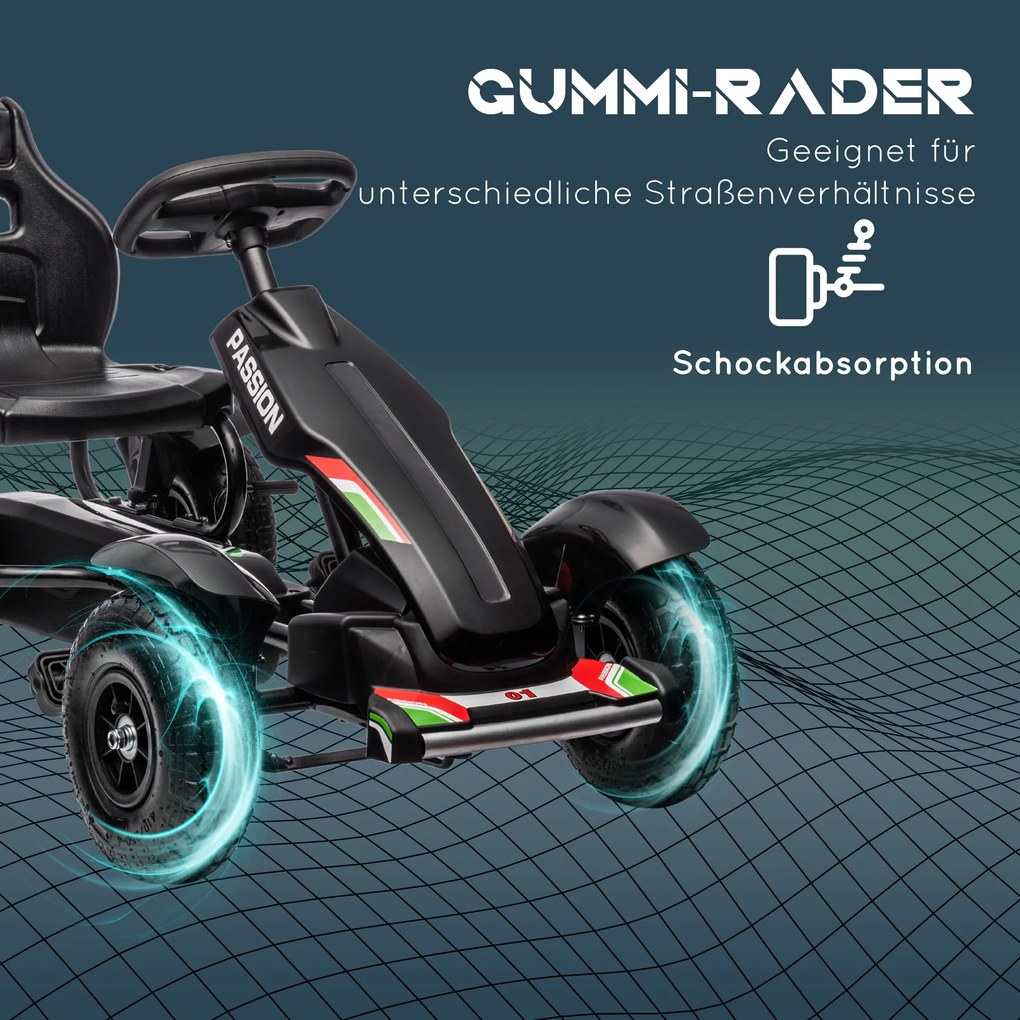 HOMCOM GoKart, šlapací auto, šlapací auto s ruční brzdou, dětské vozidlo s nastavitelným sedadlem, šlapací, kettcar pro 5-12 let, černá
