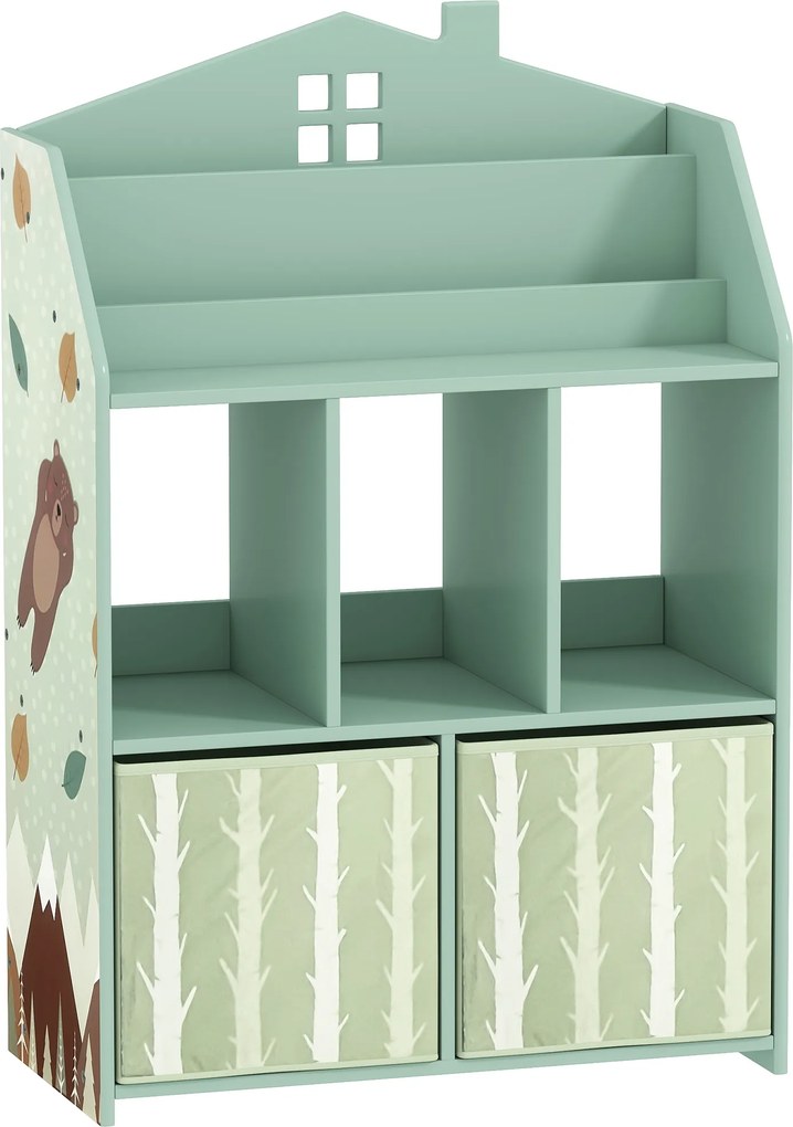 Dětský regál Dětský regál se 2 látkovými zásuvkami otevřený Regál pro 3-8 let 62,5x30x91,5 cm Zelený