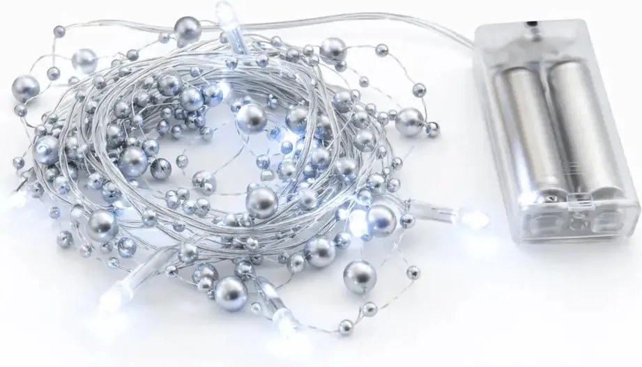 LED světýlka na baterie, perly stříbrné, 1,3 m, ledově bílá, 10 diod, čirý kabel, IP20 interiér, 2 × AA
