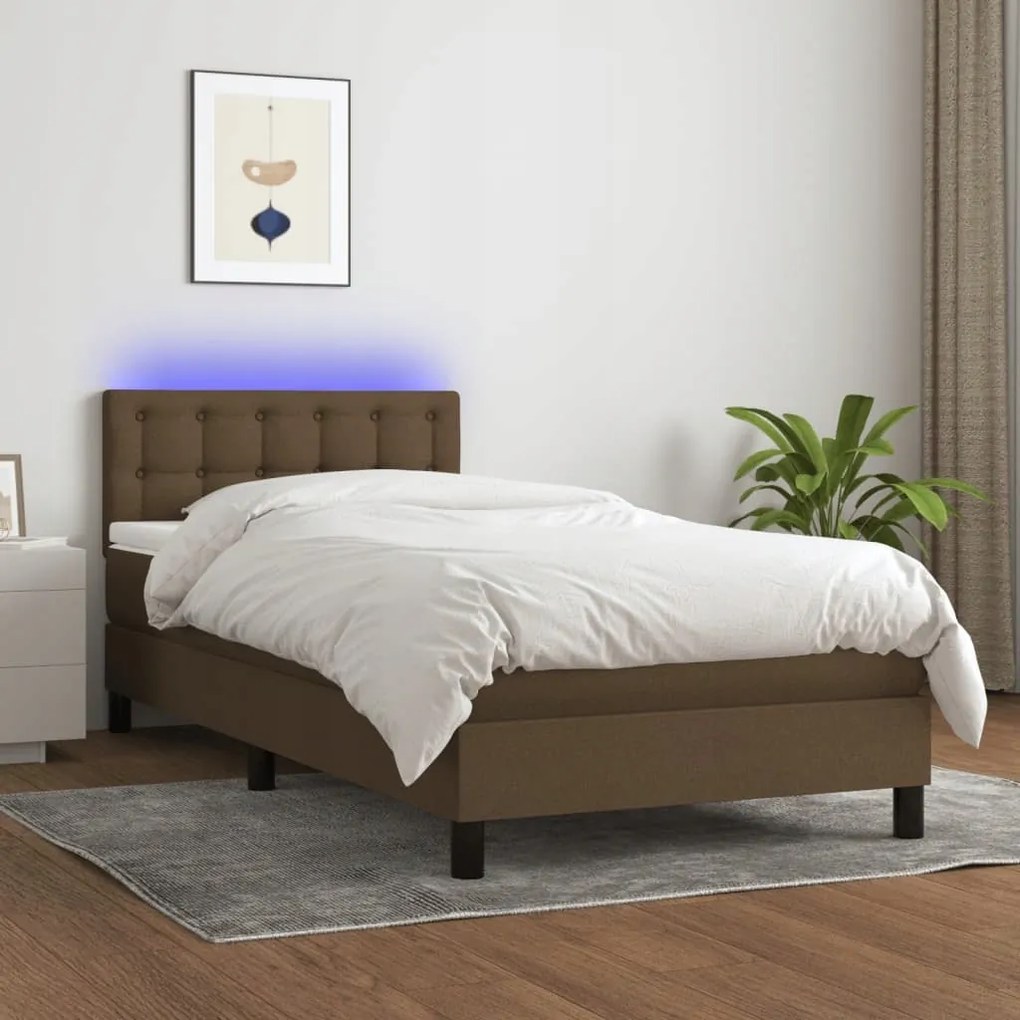 Box Spring Postel S Matrací A Led Textil Tmavě Hnědá tlačítka 90 x 200 cm