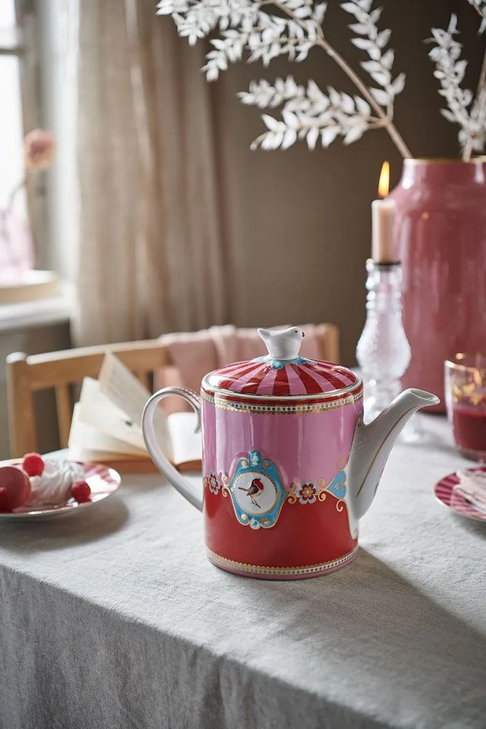 Pip Studio Love Birds čajová konvice 1,3l, červeno-růžová (čajová konvice 1,3litru)