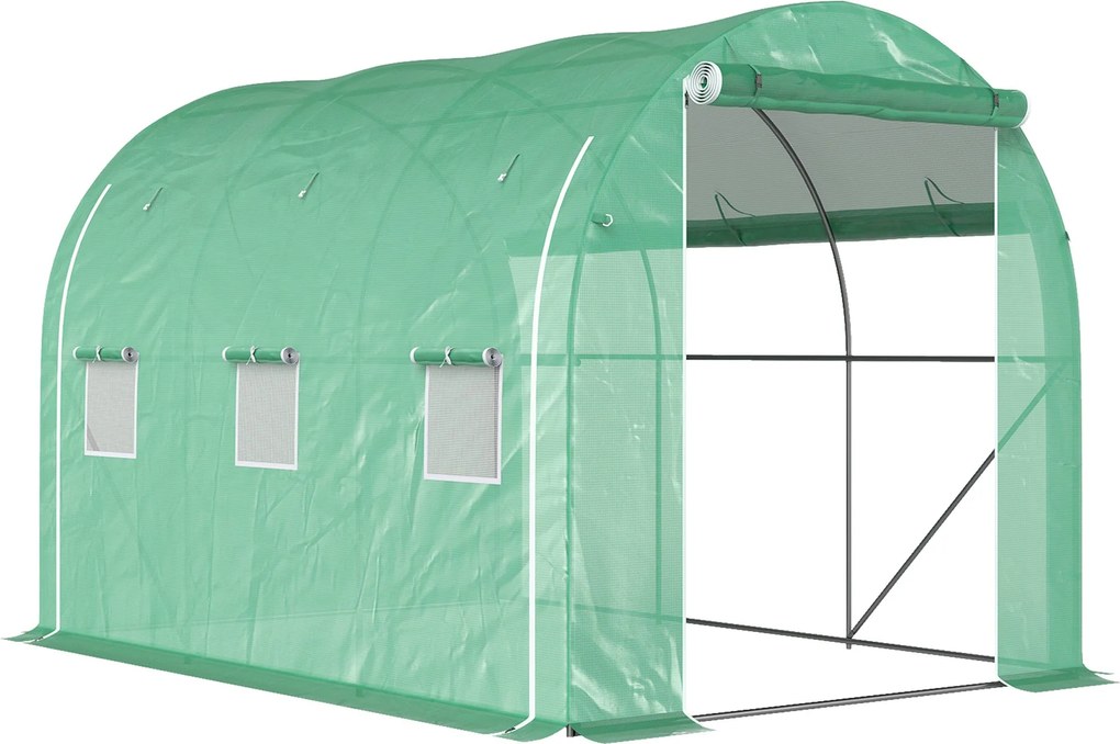 Zahradní skleník Outsunny 6m² 3 x 2m s 1 dveřmi + 2 rolovacími zipovými postranními panely, 6 okny, pozinkovaná ocel, vysoká hustota 140 g/m² Anti-UV