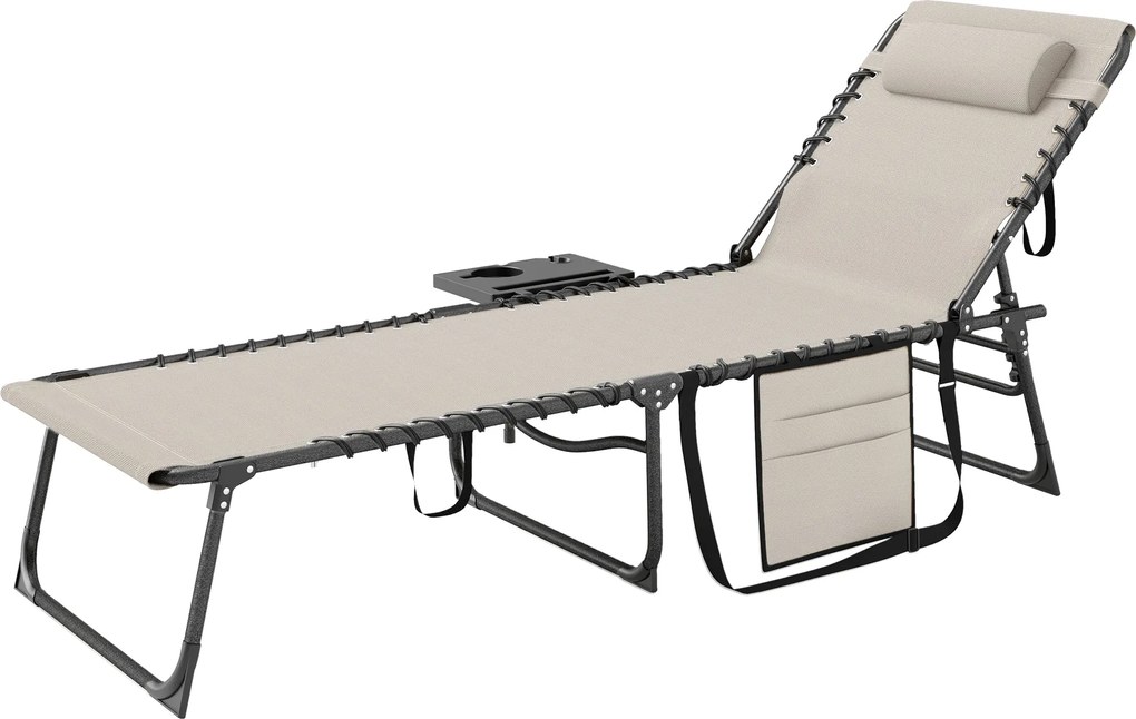Outsunny Skládací Sluneční Lehátko do Zahrady s Nastavitelným Opěradlem, Podhlavníkem, Boční Kapsou a Táckem, Ocelový Rám, Nosnost 120 kg, 190x60x31 c
