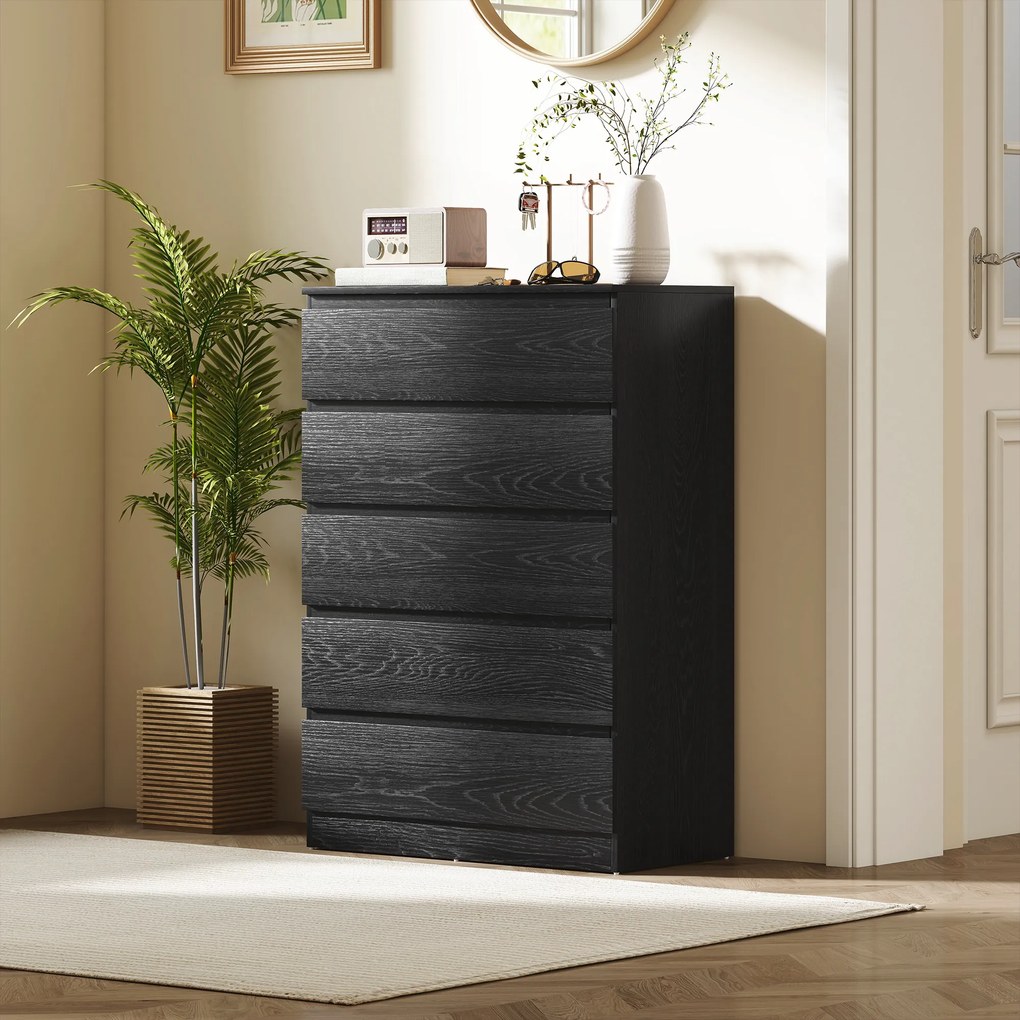 HOMCOM komoda do ložnice s 5 zásuvkami, zásuvková skříň do obývacího pokoje, kanceláře, moderní design 77x40x111,5 cm, černě dřevěný