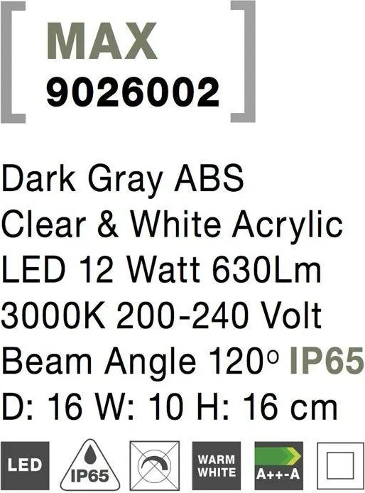 NV 9026002 Venkovní nástěnné svítidlo MAX tmavě šedý ABS čirý a bílý akryl LED 12W 3000K 200-240V 120st. IP65 - NOVA LUCE