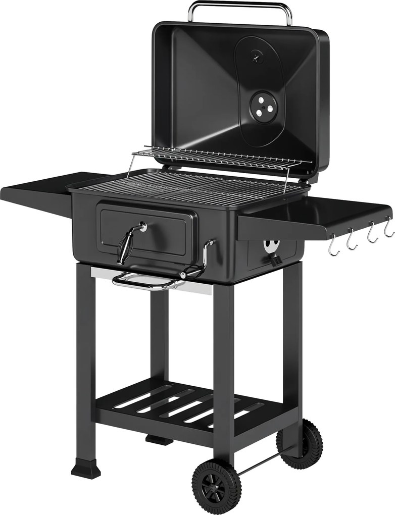 Outsunny Gril na dřevěné uhlí BBQ udírna s víkem Teploměr Výškově nastavitelná pánev na dřevěné uhlí Grilovací rošt Boční stolek Popelník