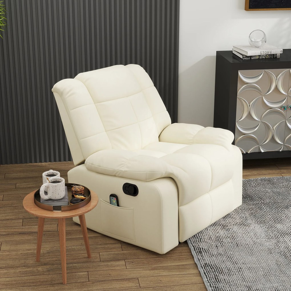HOMCOM masážní křeslo TV křeslo elektrické polohovací s masážní funkcí imitace kůže dřevo ocelová pěna krémová bílá 94x99x99 cm pro relaxaci |