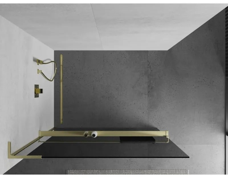 Mexen Kioto+ L, sprchová zástěna Walk-In s poličkou a věšákem 120 x 200 cm, 8mm šedé sklo, zlatý matný profil, 800-120-123-55-40