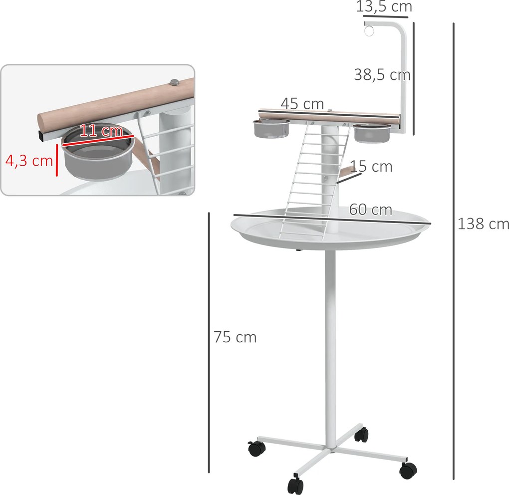 PawHut stojan na ptáky s krmítkem, kolečka, bidýlka, krmítko, krmítko pro ptáky s žebříkem na zahradu, balkon, ocel, bílá| Aosom