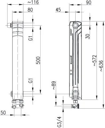 Armatura Radiátor HLINÍKOVÝ G500F 11-segmentový GRAPHITE LEVÉ rohové připojení (SADA)