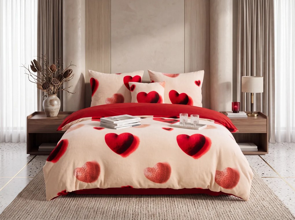 Oboustranné povlečení DUO SENSE HEARTELLE krémové mikroplyš/flanel Rozměr povlečení: 2 ks 70 x 90 cm | 200 x 220 cm