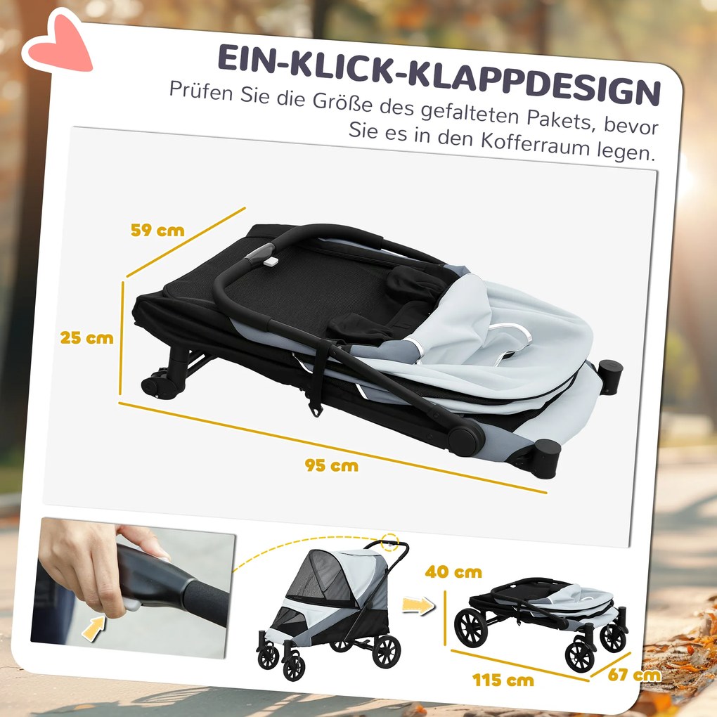PawHut Kočárek pro psy, skládací kočárek pro velké psy, kočárek pro domácí mazlíčky se 4 koly, bezpečnostní vodítka, brzdy, šedá barva