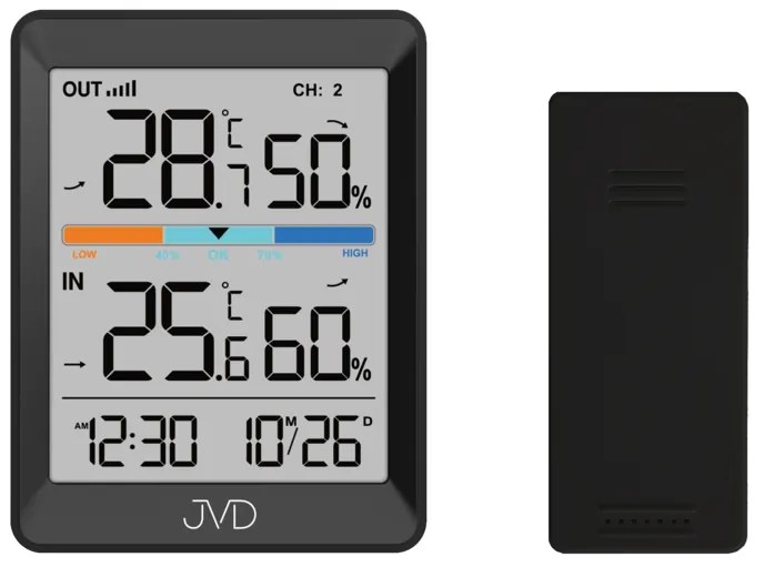 JVD Černý přehledný digitální vnitřní a venkovní teploměr JVD T3340.1
