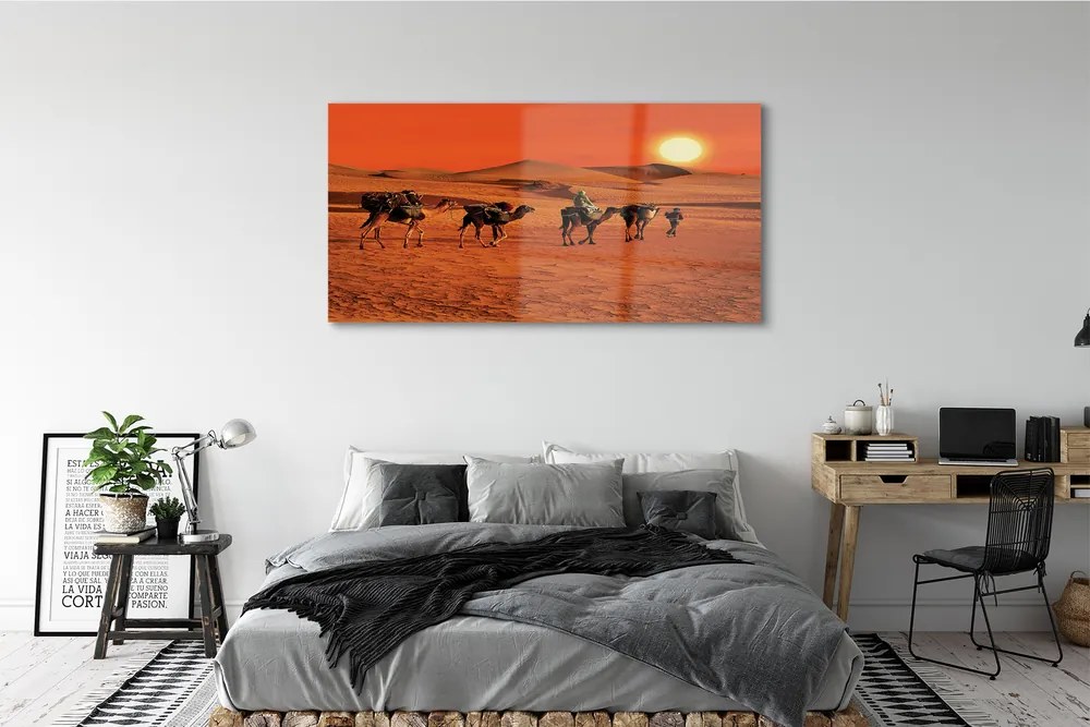 akrylový obraz Velbloudi lidí pouštní slunce nebe 140x70 cm