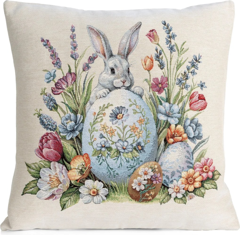 VELIKONOČNÍ GOBELÍNOVÁ DEKORAČNÍ OBLEČKA NA POLŠTÁŘ BUNNY 45X45 CM VZOROVANÁ