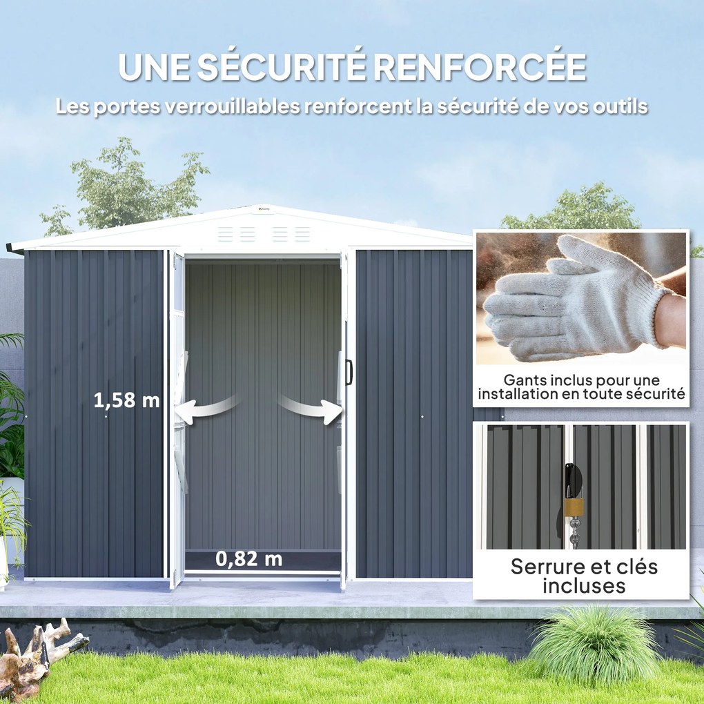 Kovová zahradní kůlna Outsunny 2,7 m² 246 x 117 x 180 cm Skladovací kůlna s oknem, 4 ventilačními otvory a zámkovými dveřmi, venkovní ocelová zahradn…
