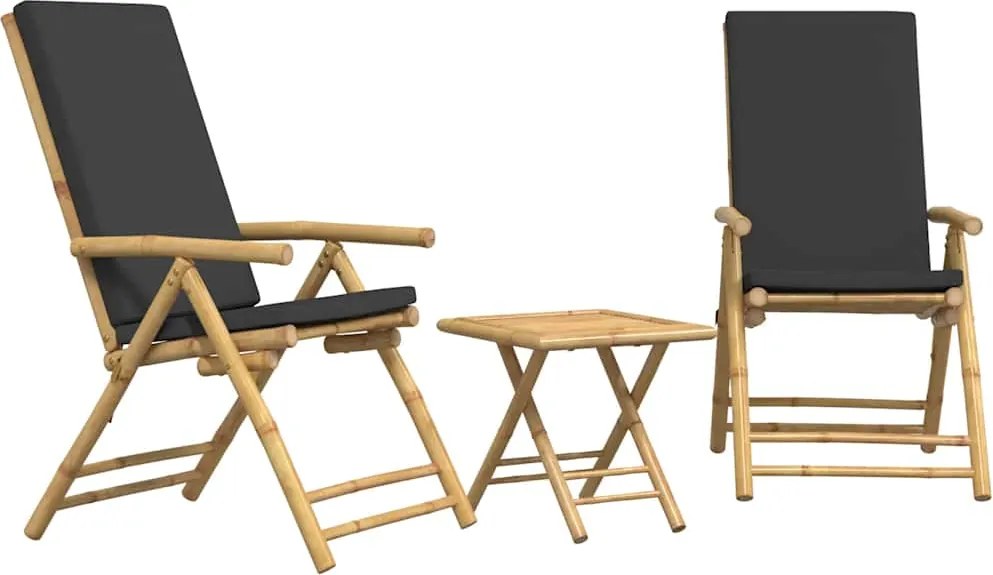 3dílný skládací bistro set s tmavě šedými poduškami bambus 3208932