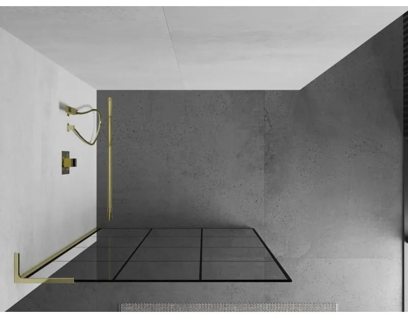 Mexen Kioto L, sprchová zástěna Walk-In 120 x 200 cm, 8mm čiré sklo černý vzor, ​​zlatý lesklý profil, 800-120-103-50-77