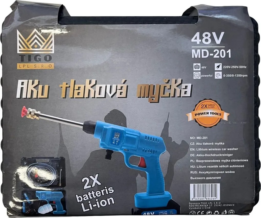 Aku ruční vysokotlaký čistič TIGO MD-201 + 2x baterie + praktický kufřík + příslušenství