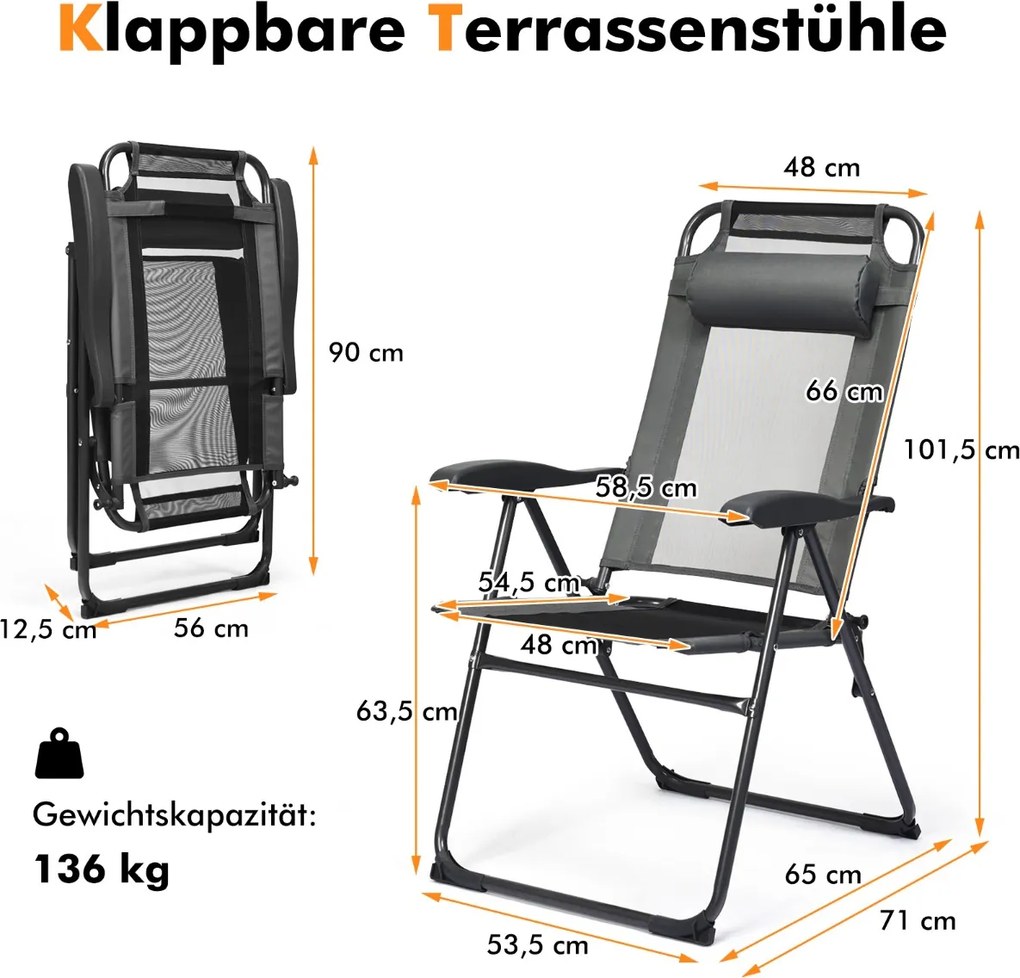 Costway 2 skládací lehátka na terasu – 71 × 58,5 × 101,5 cm, šedá