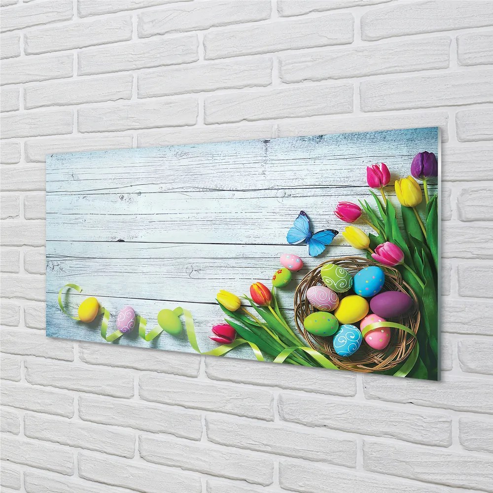 akrylový obraz Eggs tulipány motýl 140x70 cm