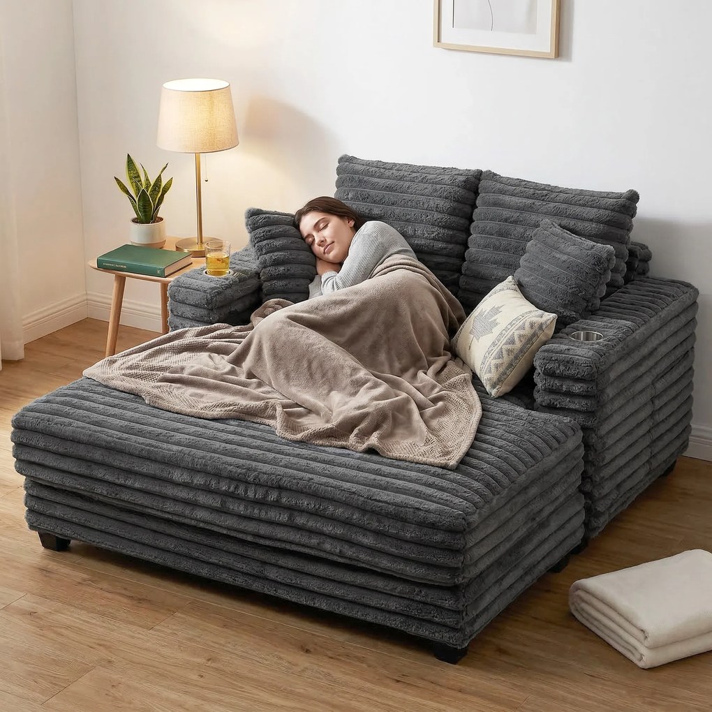HOMCOM rozkládací pohovka pro 2 osoby s chaise, šedý kordurový potah, polštářky, područky s držáky na nápoje – 134 × 151 × 89 cm