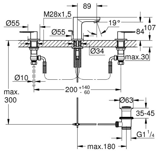 GROHE 20187000-Umyvadlová tříotvorová baterie EUROSMART COSMOPOLITAN DN 15 chrom