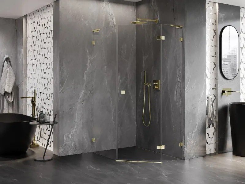 Mexen Lunar, L pravý výklopný pětiúhelníkový sprchový kout 90 x 100 cm, 8mm čiré sklo, zlatý profil, 831L-090P-100L-50-00-P
