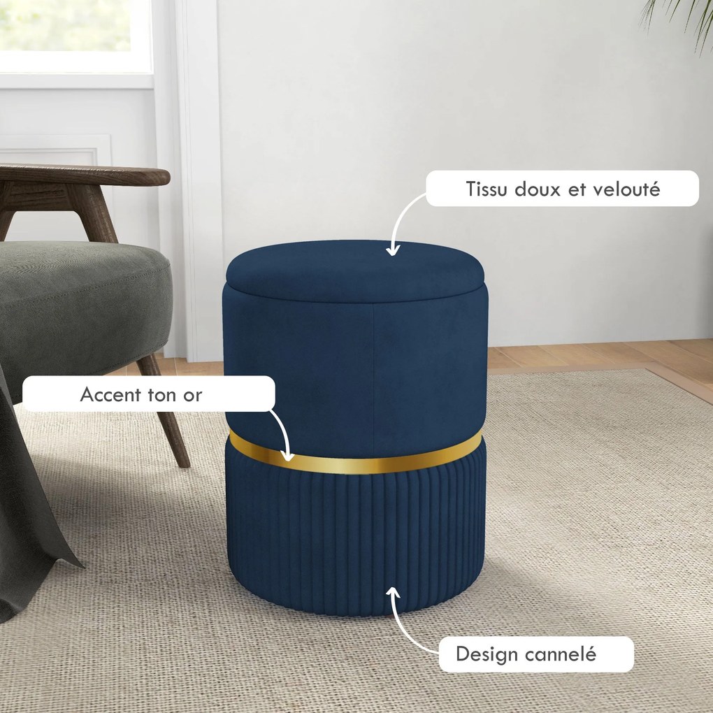 HOMCOM Pouf, taburet, úložný box, ve velurové tkanině, moderní design, 36 x 44 cm, do obývacího pokoje, ložnice, modrý