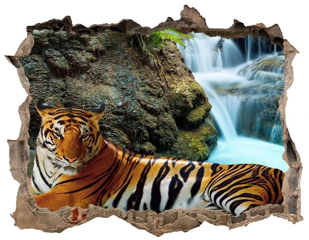 Wallmuralia Díra 3D fototapeta nálepka Tygr vodopád 95x64 cm