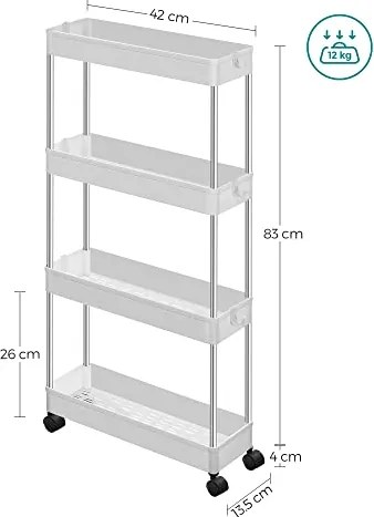 Regál na kolečkách, bílý, 86x12,5x40 cm